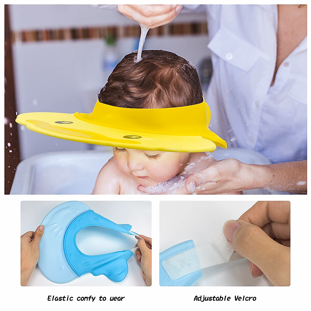 Baby Shower Hat, Adjustable Toddler Hair Washing Visor, Soft Silicone Baby Shampoo Cap for Girls Boys Toddler to Stop Water in Eyes (Duck-Blue)