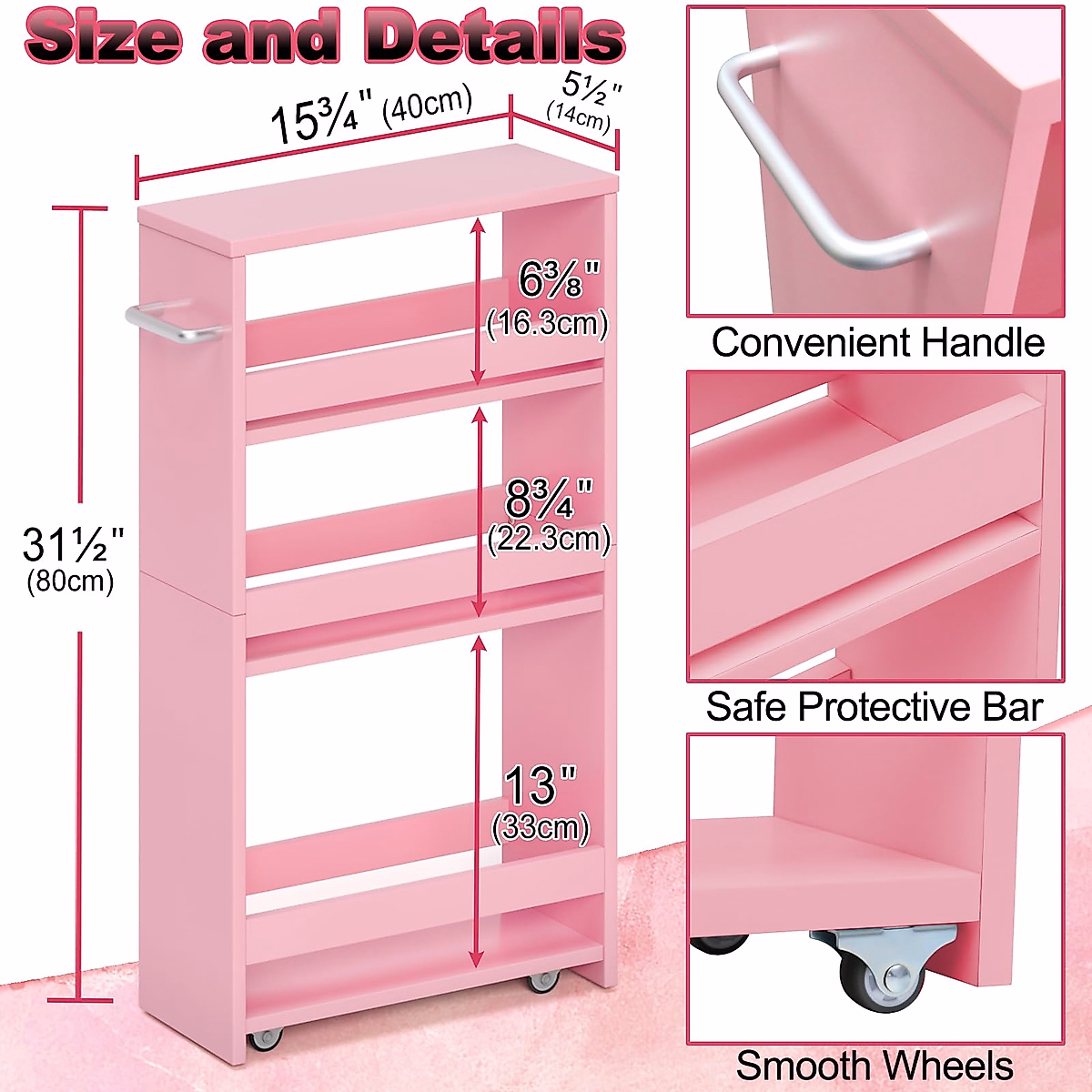 MARTY Pink Slim Storage Cart, 4-Tier Rolling Bookshelf Kitchen Cart with Wheels, Laundry Room Organization with Handle Slide Out Utility Cart Shelving Unit Trolley for Narrow Places