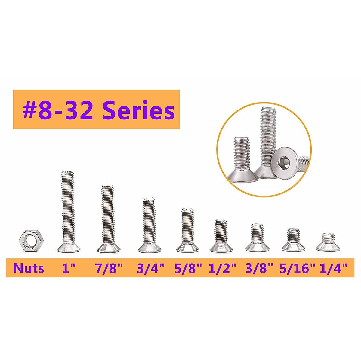 Guard4U 160Pcs #8-32 UNC 304-Stainless Steel Flat Head Countersunk Hex Socket Cap Bolts Screws Nuts Assortment Kit- #8-32x 1/4" 5/16" 3/8" 1/2" 5/8" 3/4" 7/8" 1"