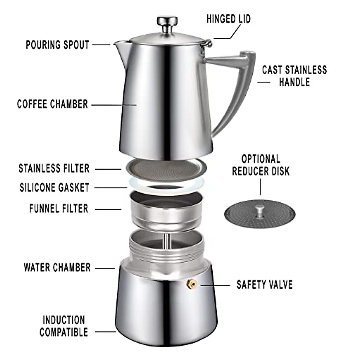 CUISINOX Roma Satin Stainless Steel Moka Pot Stovetop Espresso Maker, 4-Cup (6 oz)