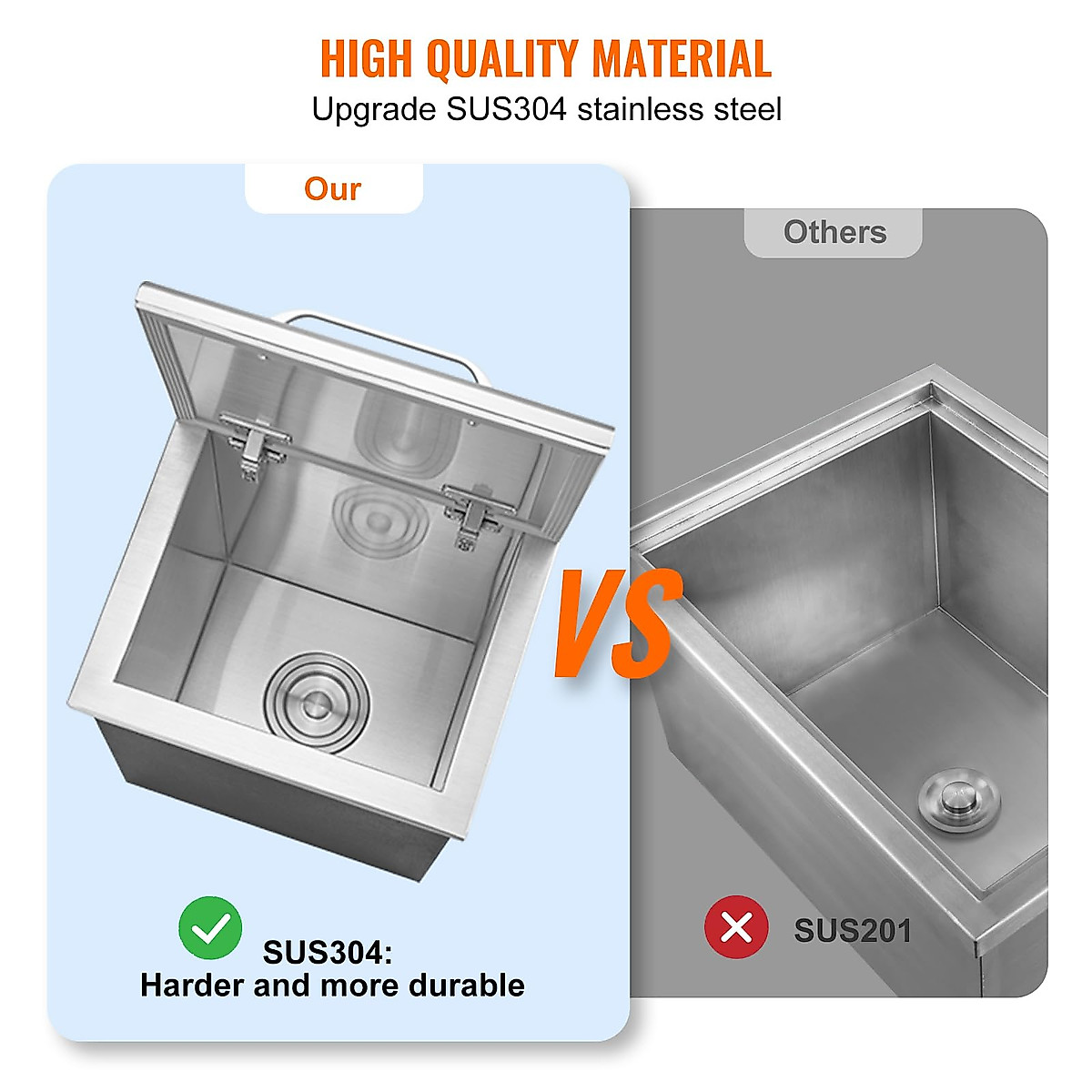 VEVOR Drop in Ice Chest, 20" L x 14" W x 12" H Stainless Steel Ice Cooler, Commercial Ice Bin with Cover, 40 qt Outdoor Kitchen Ice Bar, Drain-Pipe and Drain Plug Included, for Cold Wine Beer