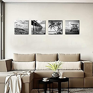 Biuteawal- 4 Piece Wall Art Back White Beach Picture Canvas Print Florida Coastline Lighthouse Lifeguard Tower Pier Poster Print Streched Framed Artwork Living Room Bedroom Bathroom Deco