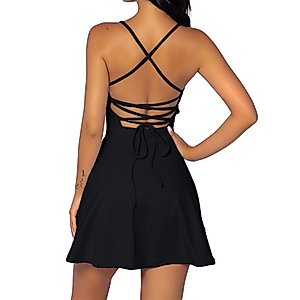QINSEN Womens Two Pieces Tennis Dress with Shorts Workout Open Back Active Golf Dresses Black XS