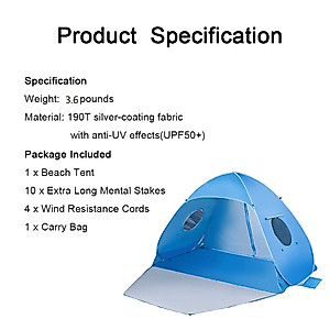 Extra Large Beach Tent Sun Shade Shelter Pop Up Instant Portable Outdoors 3-4 Person Beach Cabana Sets Up in Seconds, Blue, 78.7" L X 47.2" W X 51.2" H