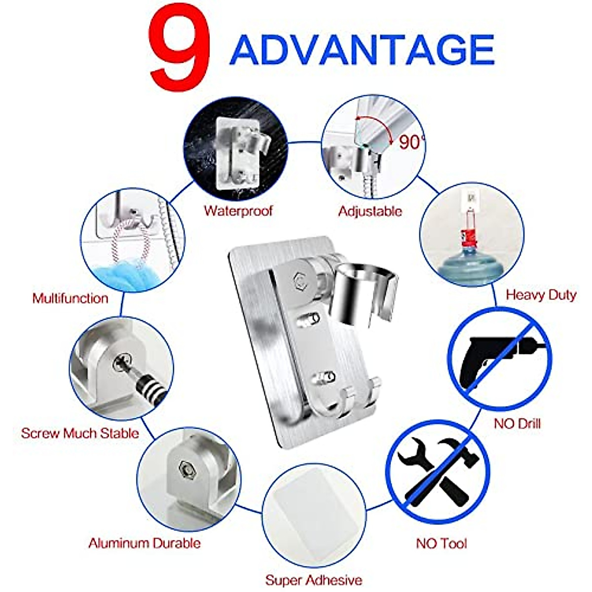 Strong Adhesive Shower Head Holder CACASO Adjustable Shower Wand Holder,Handheld Shower Head Wall Mount Bracket with 2 Hanger Hooks,Showerhead &Bidet Sprayer Bracket Better Than Suction Cups