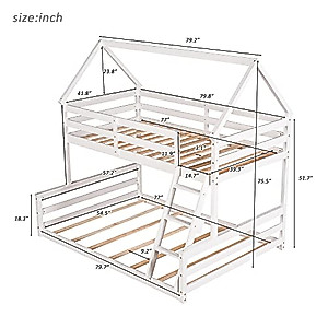 BOVZA Twin Over Full House Bunk Bed, Floor Low Bunk Bed for Kids Teens Girls Boys, Convertible to 2 Beds, White