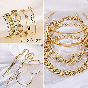 IFKM 6 PACK (24 PCS) Boho Gold Chain Bracelets Set for Women Girls, 14K Gold Plated Multiple Layered Stackable Open Cuff Wrap Bangle Adjustable Link Italian Cuban Jewelry for Women Girls Gift
