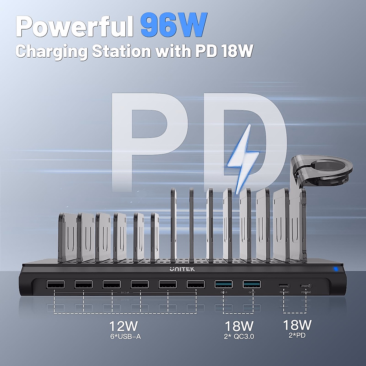 Multi USB Charging Station Unitek 96W 10 Ports Fast Charging Dock with 2 QC 3.0 & 2 PD 18W Charger Station Organizer for Multiple Devices Designed for iPad, iPhone, Tablet, iwatch, Laptop