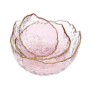 Glass Salad Bowls 3 Piece Set, Irregular Shape Phnom Penh Serving Bowls,Glass Bowls for Kitchen,Pretty Serving Bowls for Pasta, Dessert, Popcorn, Fruit, Snacks - Refrigerator Freezer Safe (Light Pink)