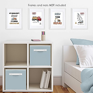 Sweet Jojo Designs Construction Truck Wall Art Prints Room Decor for Baby, Nursery, and Kids - Set of 4 - Grey Yellow Orange Red and Blue Transportation