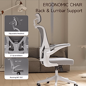 SICHY AGE Ergonomic Office Desk Chair, Home Mesh Office Desk Chairs with Wheels, High Back Office Chair with Flip-Armrest & Cushion for Lumbar Support, Office Chair for Study and Work, Gray