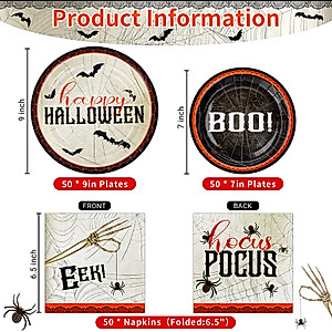 ECOHOLA Wicked Webs Halloween Dinnerware Party Supplies, 9.2" Paper Dinner Plates, 7" Paper Dessert Plates, 6.5" Napkins, Bats Spiders Skeleton Hand Hocus Pocus Halloween Decoration Set Serves 50