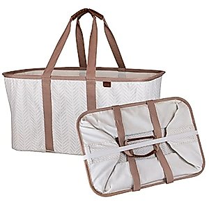 CleverMade Collapsible Fabric Laundry Basket - Premium Foldable Pop-Up Storage Bin - Space Saving Hamper Tote with Long Handles, 2 Pack, Cream Herringbone