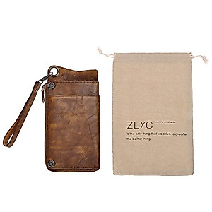 ZLYC Vintage Handmade Dip-dye Leather Wallet Card Holder Long Clutch with Detachable Wristlet (Brown)