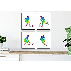 Field Hockey Player Abstract Wall Art, 8x10, Ready to Frame Set of 4 Prints, Ideal for Female Players, Coaches and Hockey Fans - Great Teen Girl Bedroom, Hockey Club Locker Room or Dorm Room Décor