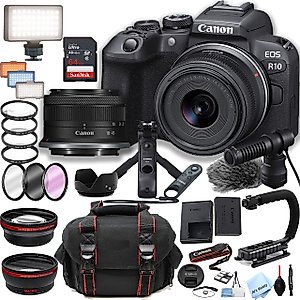 Canon EOS R10 Mirrorless Camera with 18-45mm Lens Content Creator Kit+ 64GB Memory + Case + LED Video Light + Stabilizing Grip +Filters & More (38pc Bundle) (Renewed)