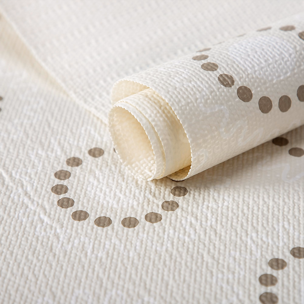 FIFTY FEET 12X120 Inch Shelf Liner for Kitchen Cabinets, PVC Drawer Liner for Dresser Non-Slip Bathroom, Non-Adhesive Cabinet Liner Washable (Beige Circle)(1 Roll)