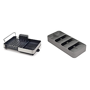 Joseph Joseph Stainless-Steel Extendable Dual Part Dish Rack Non-Scratch and Movable Cutlery Drainer and Drainage Spout, Gray & DrawerStore Compact Cutlery Organizer Kitchen Drawer Tray, Large, Gray