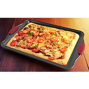 Eternal Living Non Stick Baking Pans Cookie Sheets for Baking with Red Silicone Handles 3pc Set Large, Black