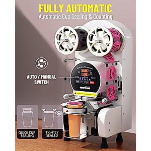 WantJoin Cup Sealing Machine Full Automatic Cup Sealer Machine 89/90/95MM 3.50/3.54/3.74IN Electric White Cup Sealing Machine 500-600 Cups/H(White)
