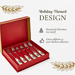 Spode Christmas Tree Collection Pastry Forks, Set of 6, Stainless Steel Fork, Porcelain Handle, 6-Inch Salad, Spaghetti, Appetizer, and Dessert Fork, Holiday Silverware