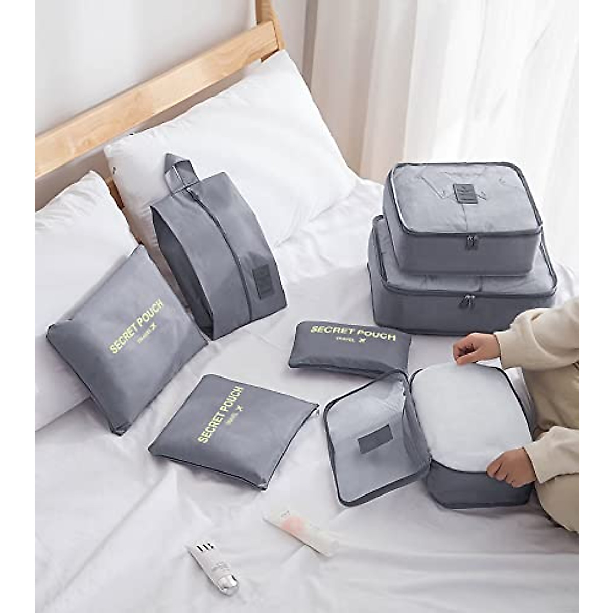 WOOMADA 7 Set Packing Cubes for Suitcases Travel Essentials Luggage Organizer for Travel Accessories Shoe Bag Tioletry Bag Laundry Bag(beige)