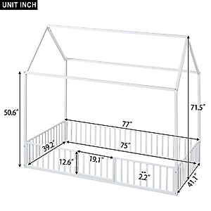 Bellemave Twin Size Montessori House Bed for Kids, Metal Floor Beds with Fence Railings & Door, Twin Playhouse Bed for Boys Girls, Box Spring Needed, White