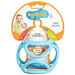 OgoBolli Grippi Baby Bottle Holder and Sensory Teether Toy for Babies - for 2.4"-3" Wide Bottles - Made from Safe, Stretchy Silicone, Non-Toxic, PVC, BPA and Phthalate Free - Ages 6+ Months - Blue