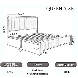Alorksi Queen Bed Frames with Headboard, Upholstered Platform Bed Frame Queen Size, No Box Spring Needed/Noise Free/Heavy Duty Metal Slats/Easy Assembly