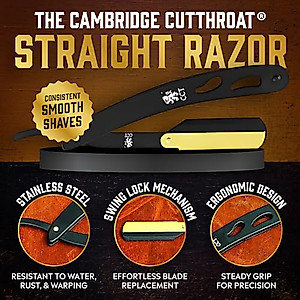The Cambridge Cutthroat® Cut Throat Razor Kit with Travel Pouch - Black & Gold Stainless Steel Professional Barber Single Straight Edge for Men - Moustache Shaver & Beard Shaper