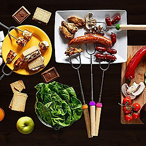 Marshmallow Roasting Sticks Wooden Handle Set of 12 Smores Skewers Telescoping Forks 32 inch Telescoping Smores Skewers for Campfire, Firepit, and Sausage BBQ with Portable Bag & 20 Bamboo Skewers