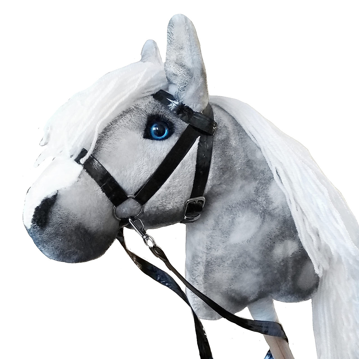 Gray stick hobby horse A4 Realistic plush handmade toy horse with bridle