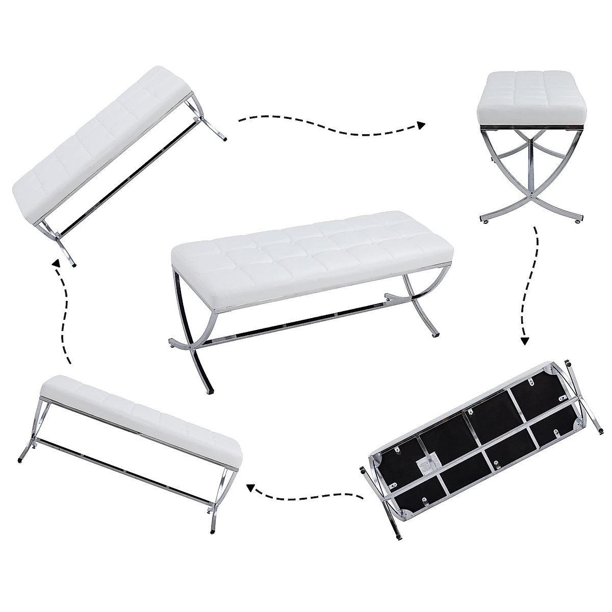 Shunzhi Modern Entryway Bench Modern Faux Leather Dining Bench Upholstered End of Bed Bench Button Tufted Ottoman Stool Bench Waiting Room Bench with Metal Legs for Living Room/Bedroom, White