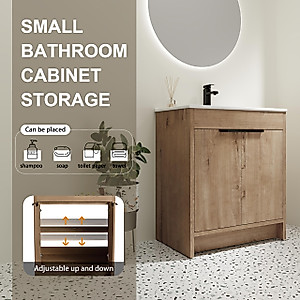 Pvillez 30 inch Bathroom Vanity with Sink Combo, 30" Pedestal Bathroom Vanity Cabinet with Ceramic Basin Sink Top & Soft Close Door, Freestanding Modern Bathroom Vanity for Small Space, Imitative Oak