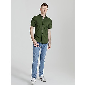 HISDERN Green Dress Shirts for Men Regular Fit Business Casual Button Down Shirts Olive Green Short Sleeve Mens Shirts Fashion Contrast Striped Collared Shirt