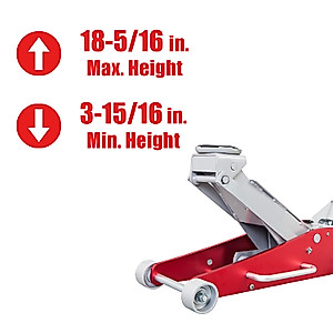 BIG RED AT830011LR Torin Hydraulic Low Profile Aluminum and Steel Racing Floor Jack with Dual Piston Quick Lift Pump, 3 Ton (6,000 lb) Capacity, Red