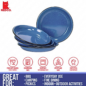 Red Co. Set of 4 Enamelware Metal 10” Round Camping Plates, White-Speckled Blue/Black Rim