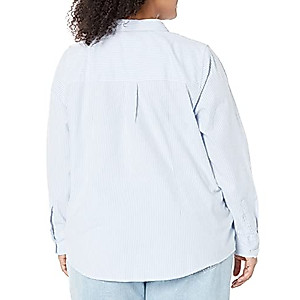 Amazon Essentials Women's Long Sleeve Button Down Stretch Oxford Shirt (Available in Plus Size), Blue/White/Stripe, Large