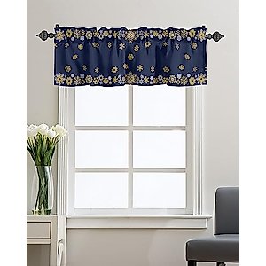 Christmas Day Kitchen Curtain Valance for Window Winter Geometric Snowflake 60x18In Rod Pocket Valances Short Curtains Window Treatment for Living Room Bathroom Bedroom Cafe Decor Gold White on Blue