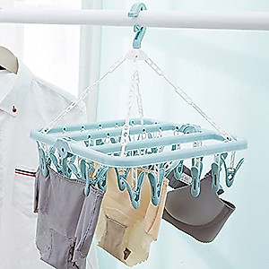 Clothes Drying Racks Foldable Clip Hangers Drip Hanger Plastic with 32 Drying Clips Wind-Proof Hook Underwear Hanger with Clips Plastic Laundry Clip for Socks Bras