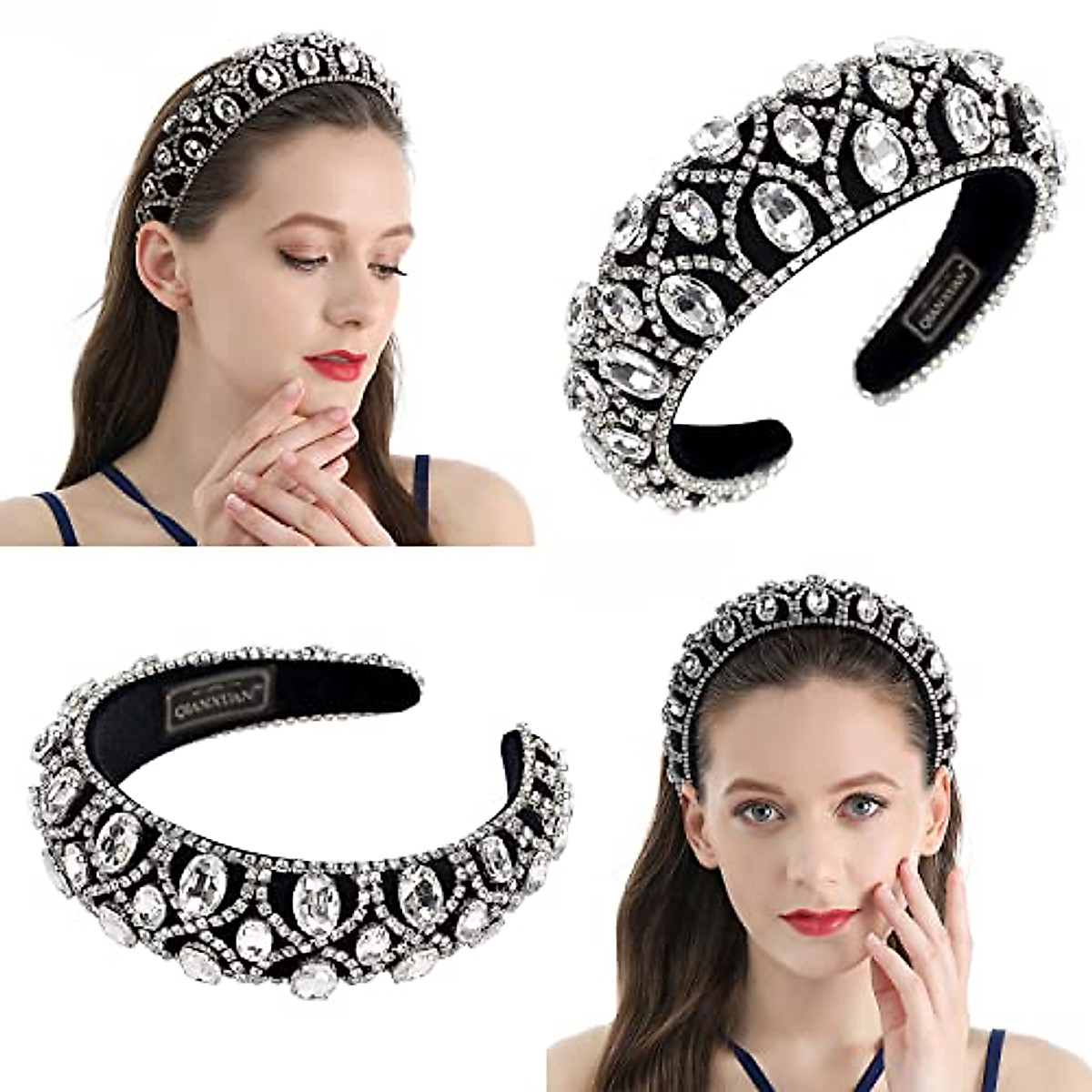 QIANXUAN Crystal Rhinestone Headbands For Women White Pearl Headbands For Girls Padded Headband Black Velvet Jewelry Chain Hairband Handmade Pearly Flower Retro Filling Diamond Hair Accessories