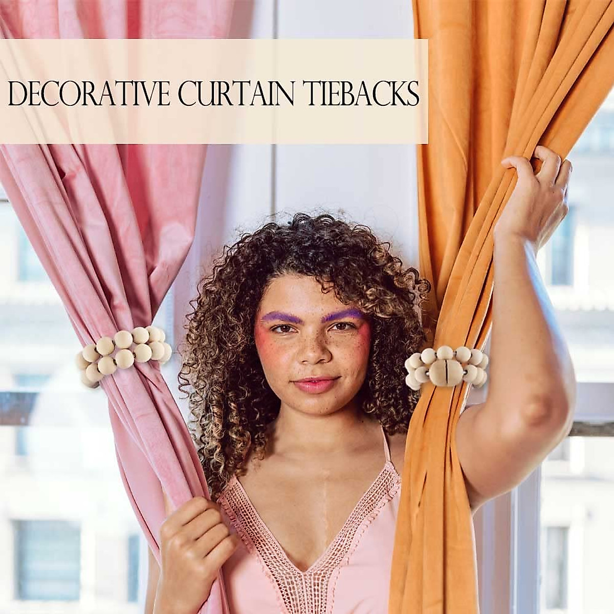 Magnetic Curtain Tiebacks Boho Beaded: Strong Magnets, Boho Decor Wood Bead Curtain Tiebacks, Farmhouse Decor Curtain Tie Backs for Curtain Holdbacks, Baby Nursery Decor, Natural, 2 Pack