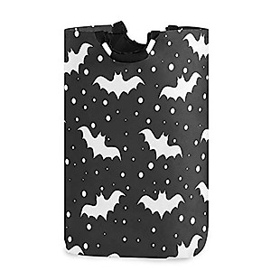 Kaariok Halloween Bats Black White Polka Dots Laundry Hamper with Handles Waterproof Collapsible Storage Basket Large Dirty Clothes Bin for Laundry Room, 22.7 Inches