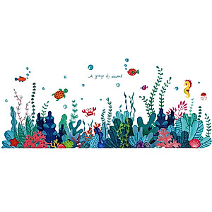 RW- 6794 Removable 3D Under The Sea View Grass Wall Decal DIY Ocean Coral Seaweed Wall Stickers Murals Peel and Stick Home Wall Decor for Kids Bedroom Bathroom Girl Nursery Wall Corner Decoration (A)