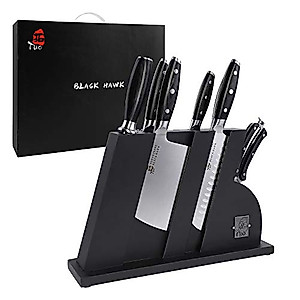 TUO Knife Set - 8 Pcs Kitchen Knife Set with Wooden Block - German HC Stainless Steel Chef Knife Set - Ergonomic Pakkawood Handle - BLACK HAWK SERIES with Gift Box