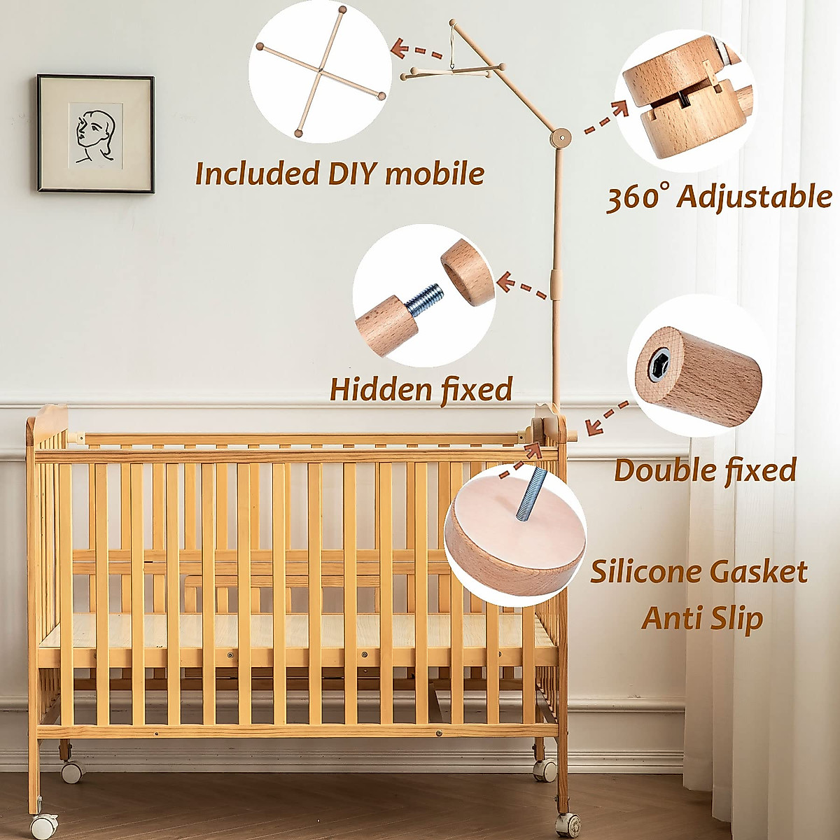 Lanttoe Wooden Crib Mobile Arm 33 Inches for Baby Nursery-Baby Mobile for Crib with Matching Nursery Mobile Attachment-Upgrade Siliconegasket Anti Slip Clamping System