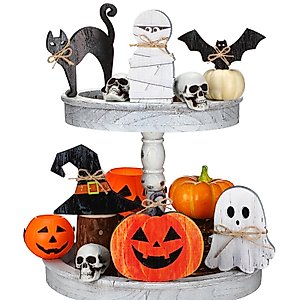 Leinuosen 6 Pcs Halloween Tiered Tray Decor Halloween Decorations Cat Mummy Ghost Wooden Sign Pumpkin Witch Tiered Tray Decor Items Farmhouse Rustic Standing for Home Table Centerpiece Party Favors