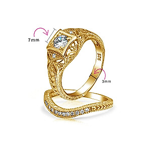 1CT Deco Style Solitaire Round AAA CZ Pave Contoured Band Engagement Wedding Ring Set 14K Gold Plated Sterling Silver