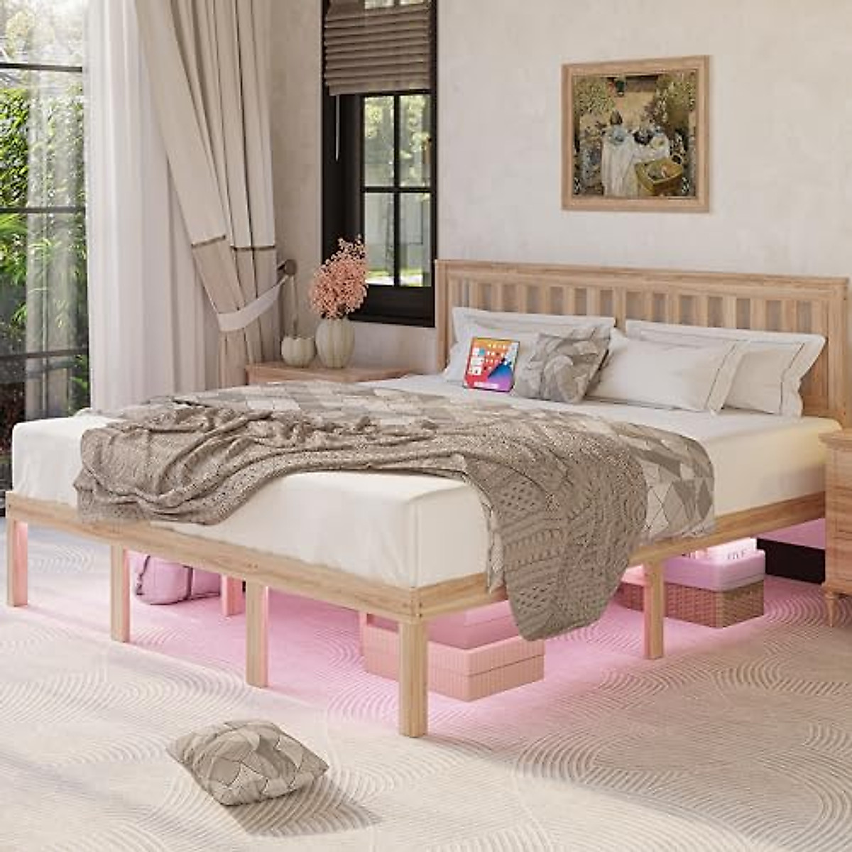 Natural Solid Rubber Wood King Bed Frame with Outlets, Platform Bed with Wooden Headboard and Slats, No Box Spring Needed, Easy Assembly, King Size