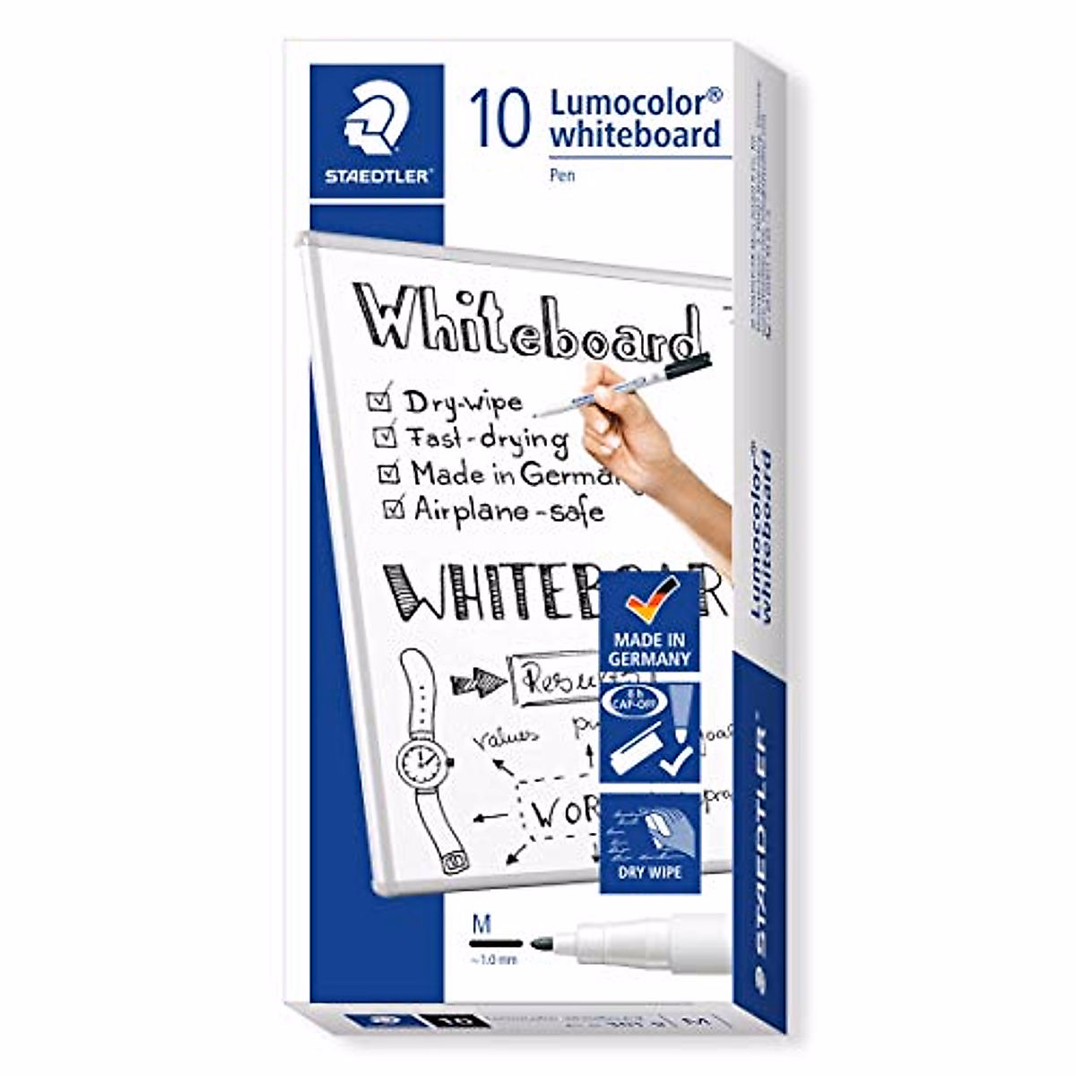 STAEDTLER Lumocolor Dry Erase, Fine Tip Dry Erase Whiteboard Marker, Box of 10, Black, 301-9